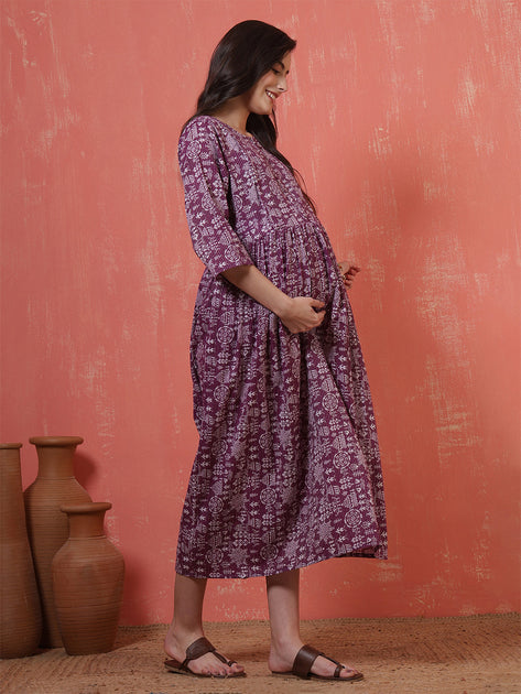 Purple Printed Maternity Dress for Women – Nayo Clothing