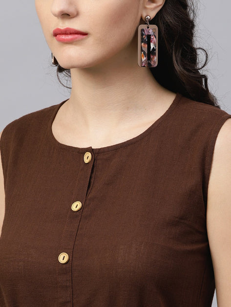 Round Neck brown Maxi Dress with front placket and Belt – Nayo Clothing