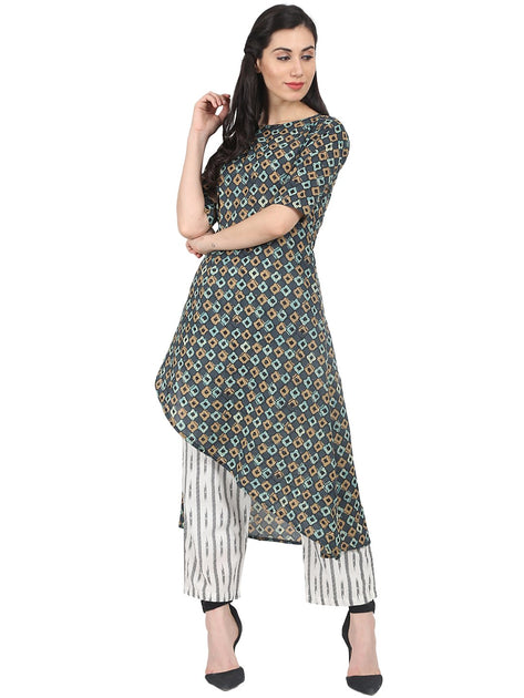 Nayo Grey printed half sleeve cotton Asymetric kutra with off white pr ...